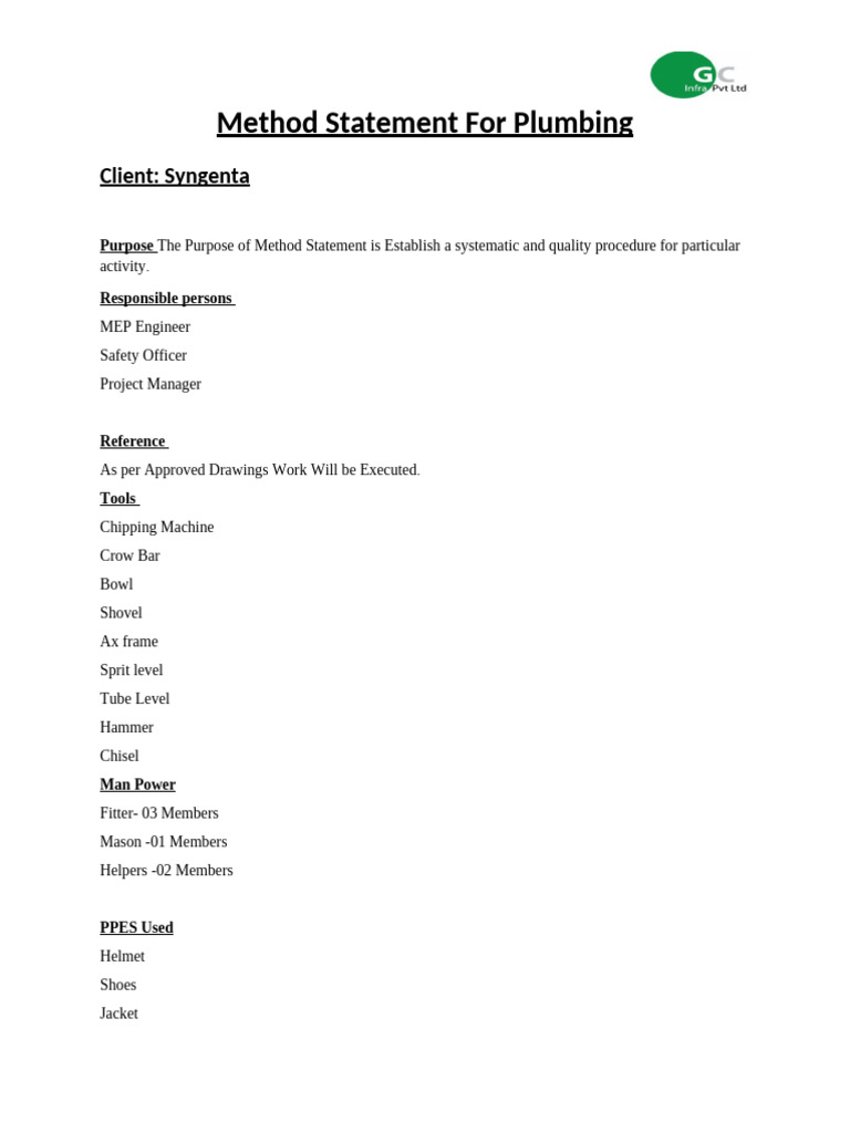 Method Statement Plumbing | PDF