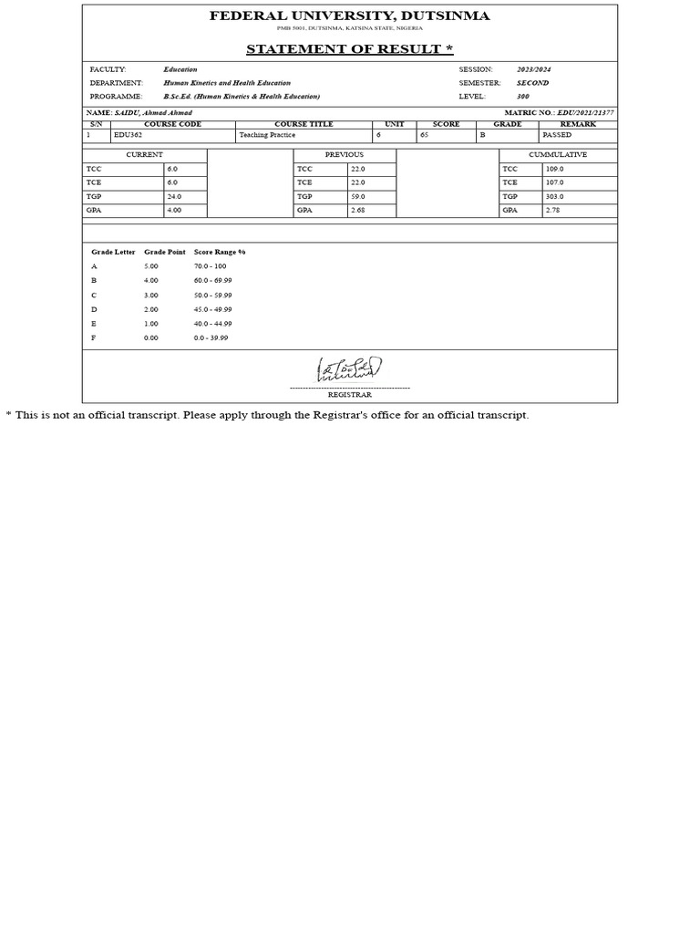 Statement of Result EDU202121377 | PDF | Student Assessment And ...