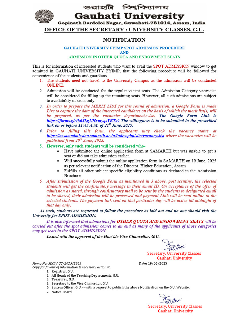 Gauhati University FYIMP Spot Admission 2025 | PDF