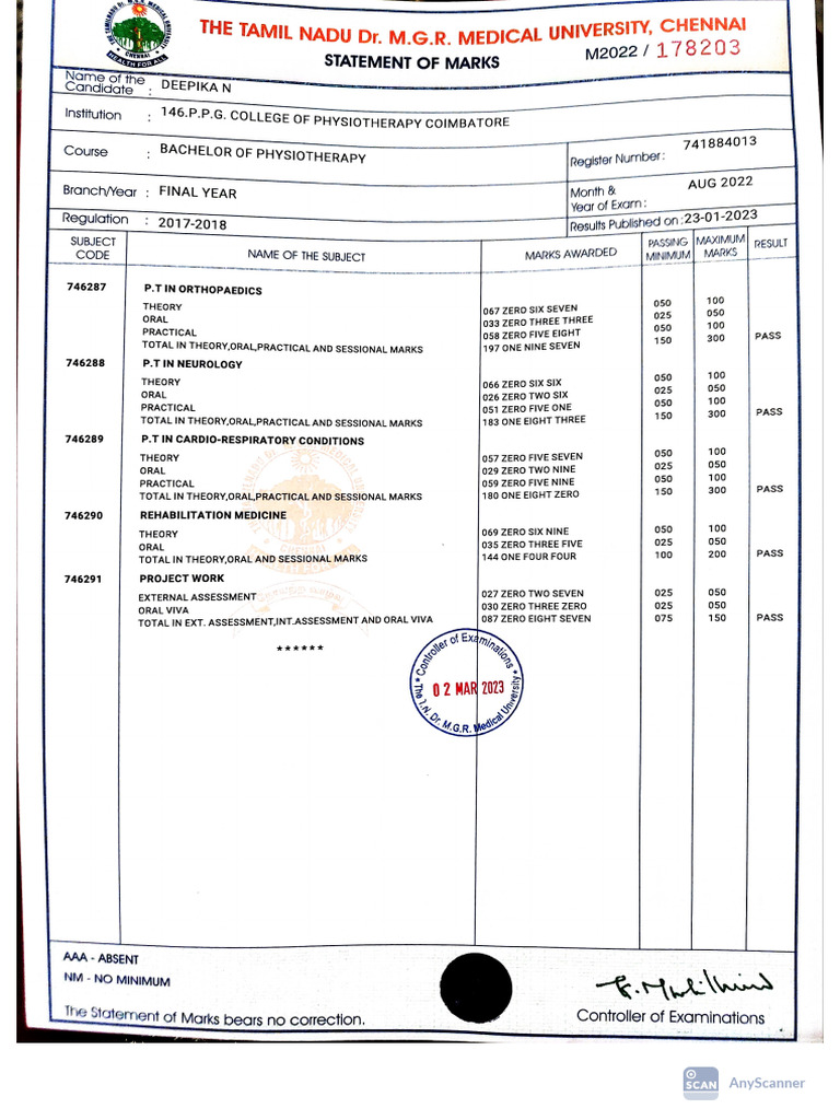 BPT Final Year Marksheet | PDF