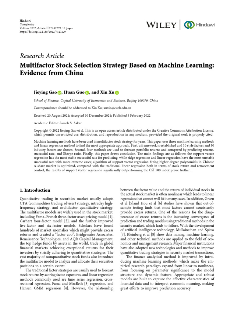 Multifactor Stock Selection On ML | PDF | Ordinary Least Squares | Regression Analysis