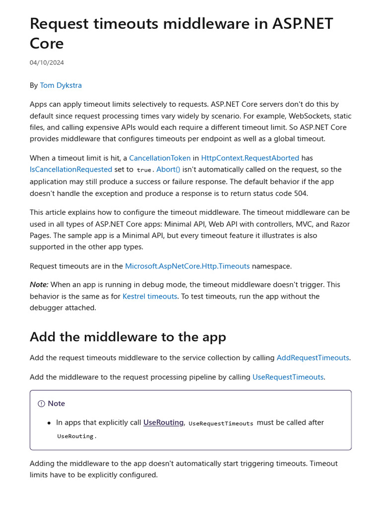 Request Timeouts Middleware in ASP.net Core _ Microsoft Learn | PDF | System Software | Software ...