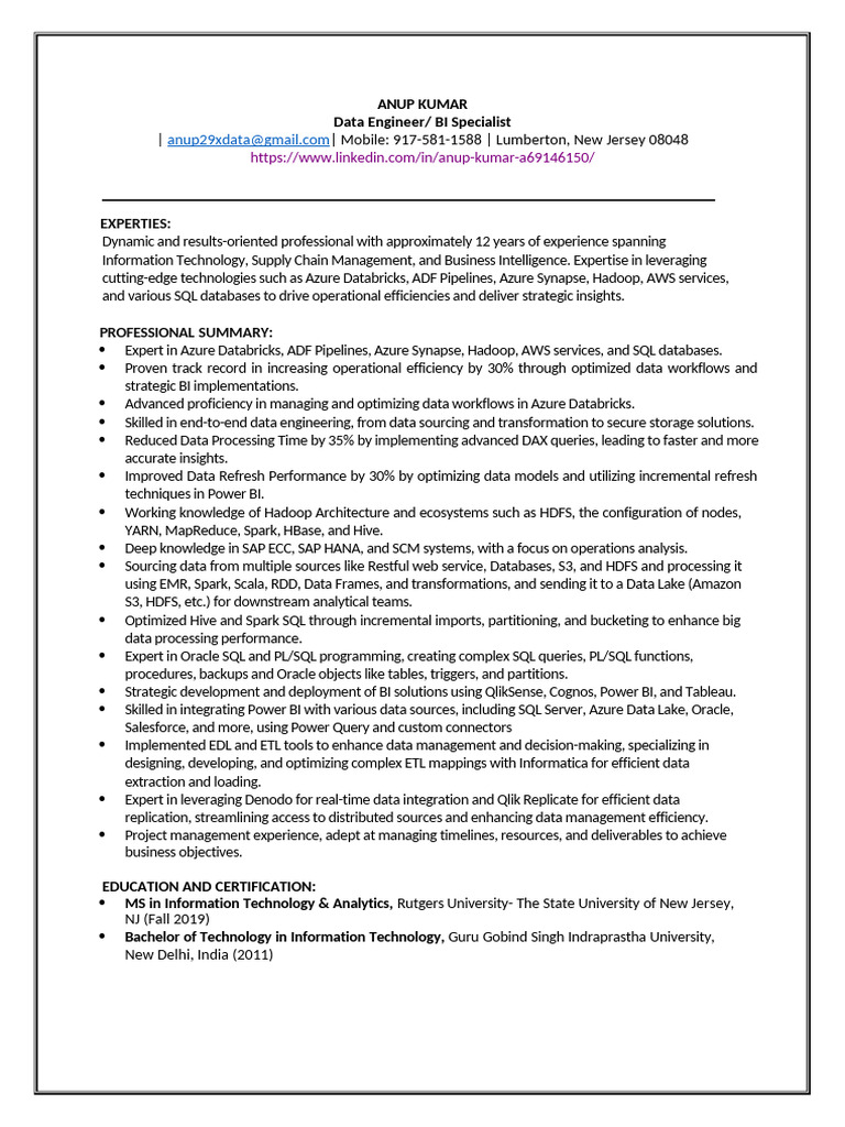 Anup Resume Aug de BI 2024 | PDF | Apache Hadoop | Databases