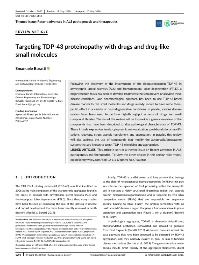 British J Pharmacology - 2020 - Buratti - Targeting TDP 43 ...