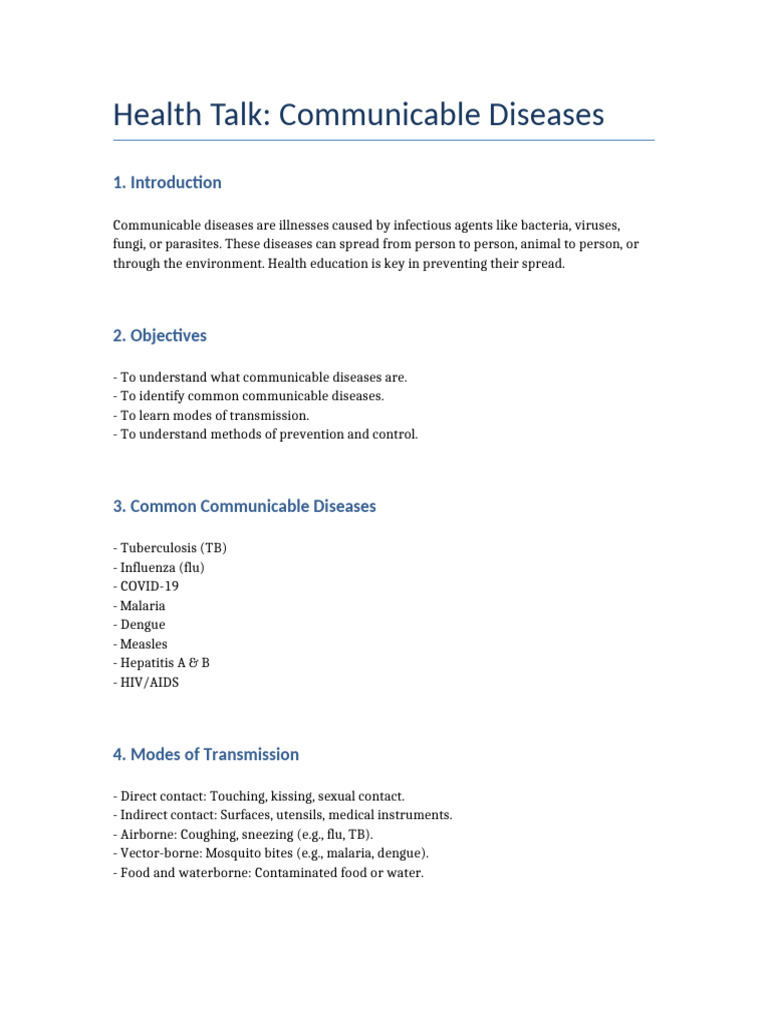 Health Talk Communicable Diseases | PDF