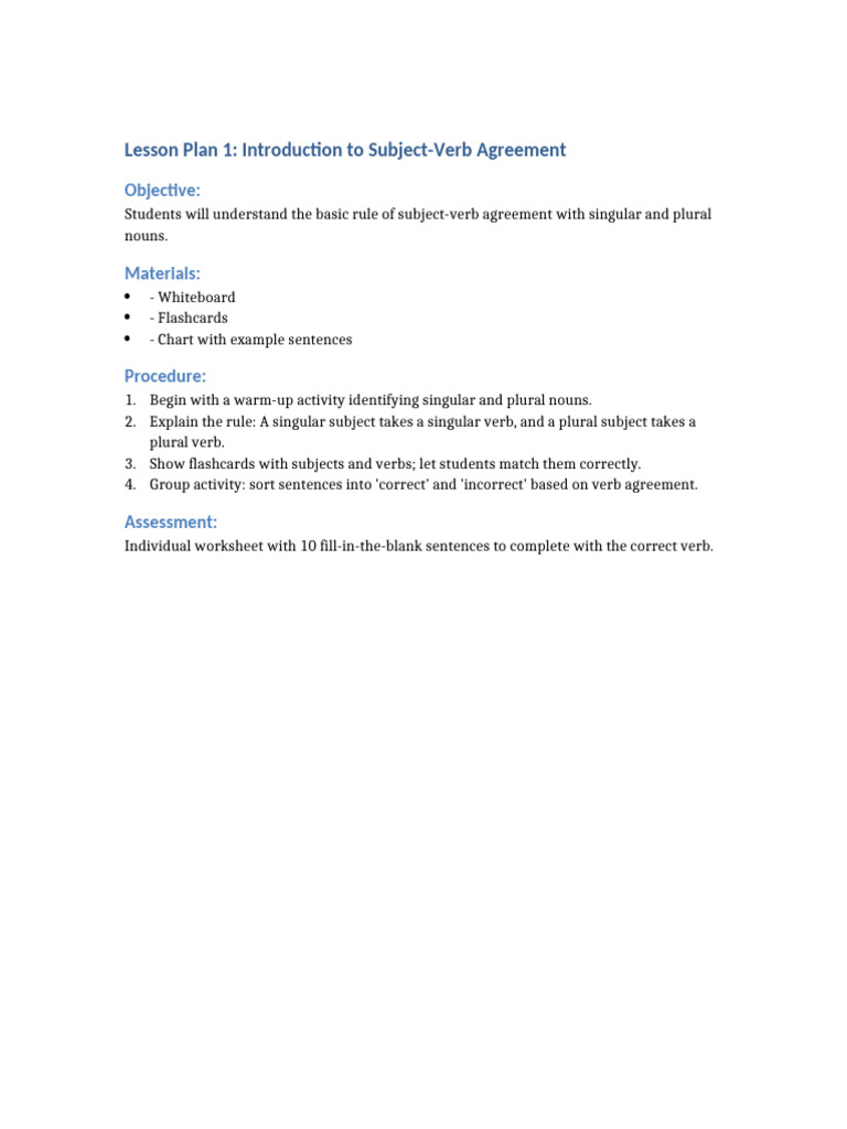 Lesson Plan 1 Subject Verb Agreement | PDF