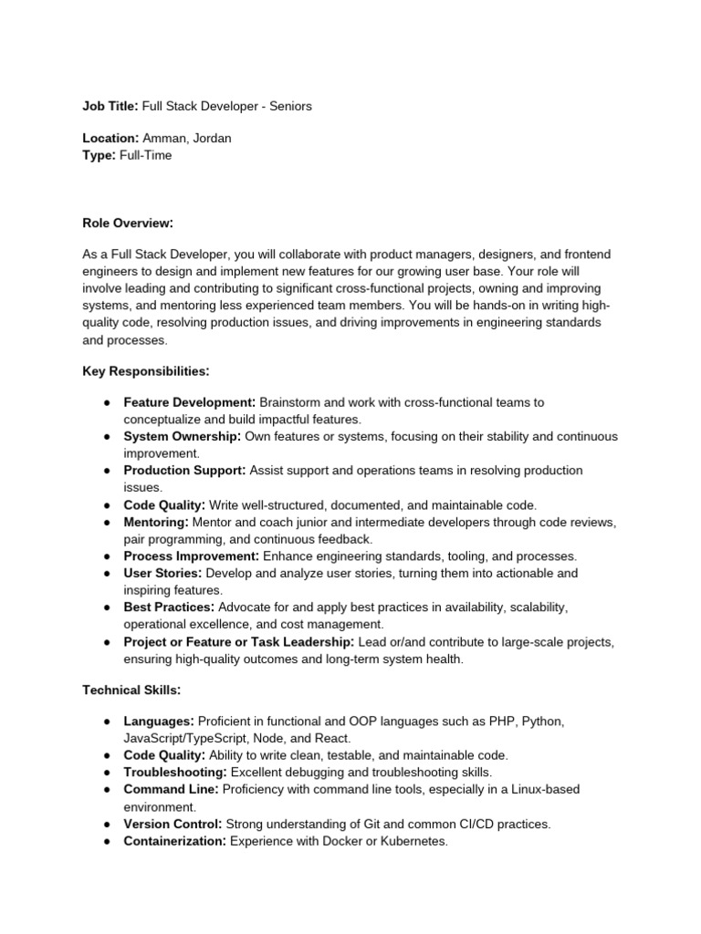 Job Title - Full Stack Developer - Intermediates and Seniors | PDF ...