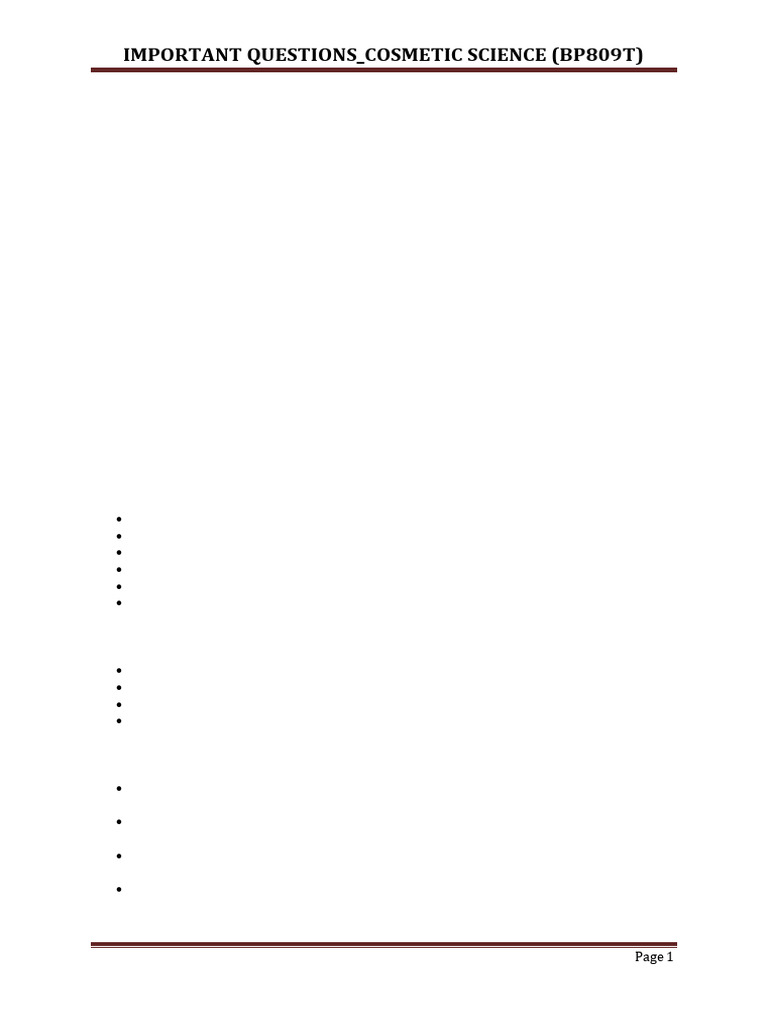 Important Questions - Cosmetic Science | PDF | Cosmetics | Surfactant