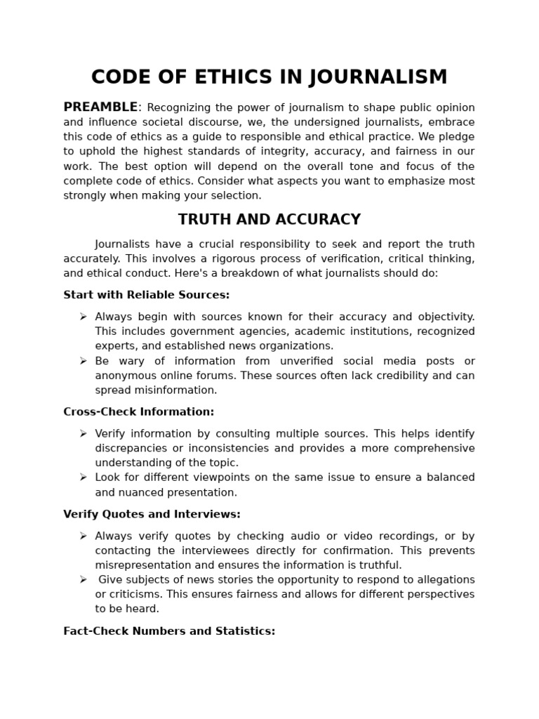 Journalists' Code of Ethics Guide | PDF | Journalism | Credibility