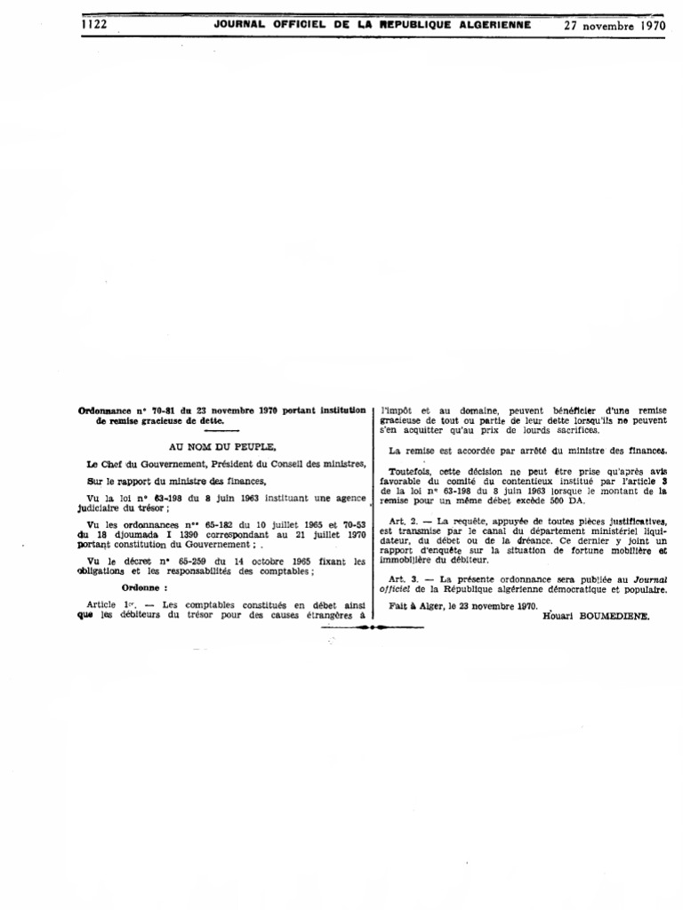 Ordonnance N°70 81 Du 23 Novembre 1970 Portant Institution de Remise Gracieuse de La Dette FR 1 ...