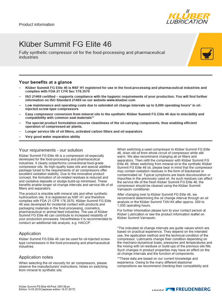 Klüber Summit FG Elite 46 en | PDF | Motor Oil | Oil