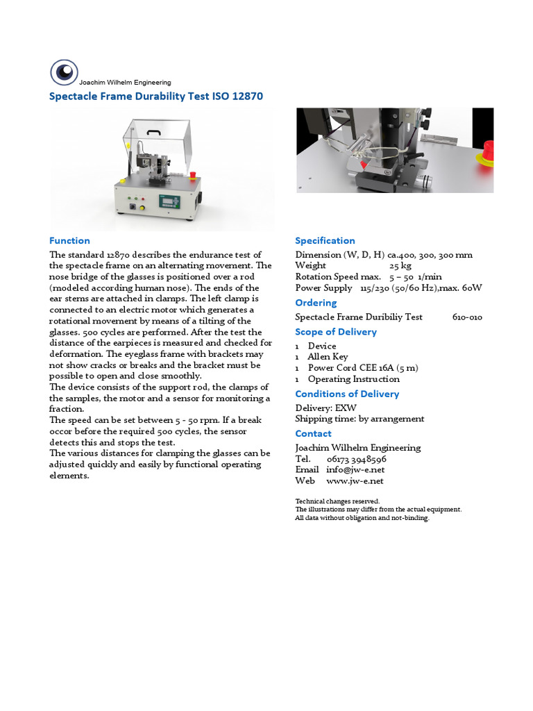 Product-Flyer Spectacle Frame Durability Test ISO en DIN 12870 JWE | PDF