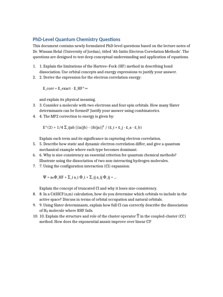 PhD Quantum Chemistry Exam Questions | PDF
