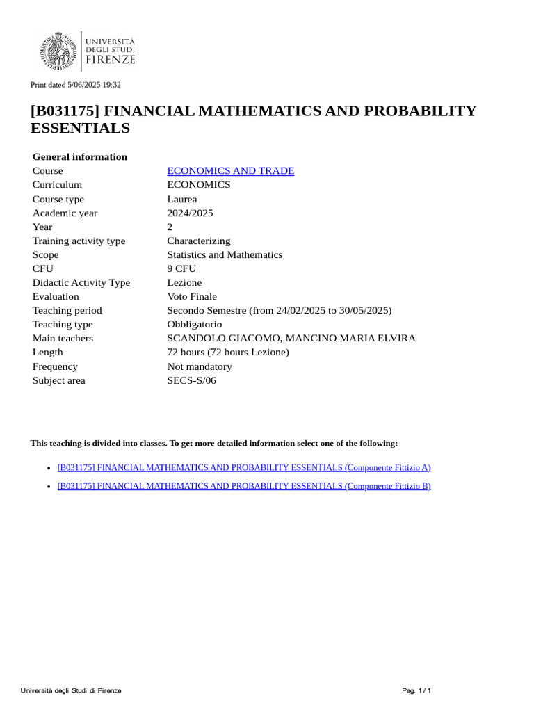 Financial Mathematics Course Overview | PDF