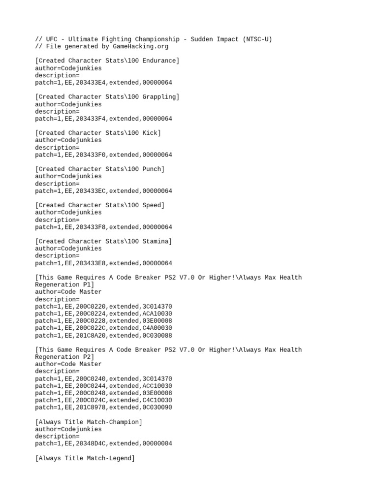 UFC Sudden Impact PS2 Cheat Codes | PDF | Mixed Martial Arts | Ultimate ...