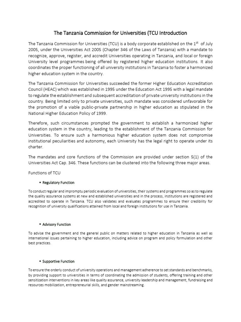 The Tanzania Commission For Universities (TCU) | PDF | Fair Value ...