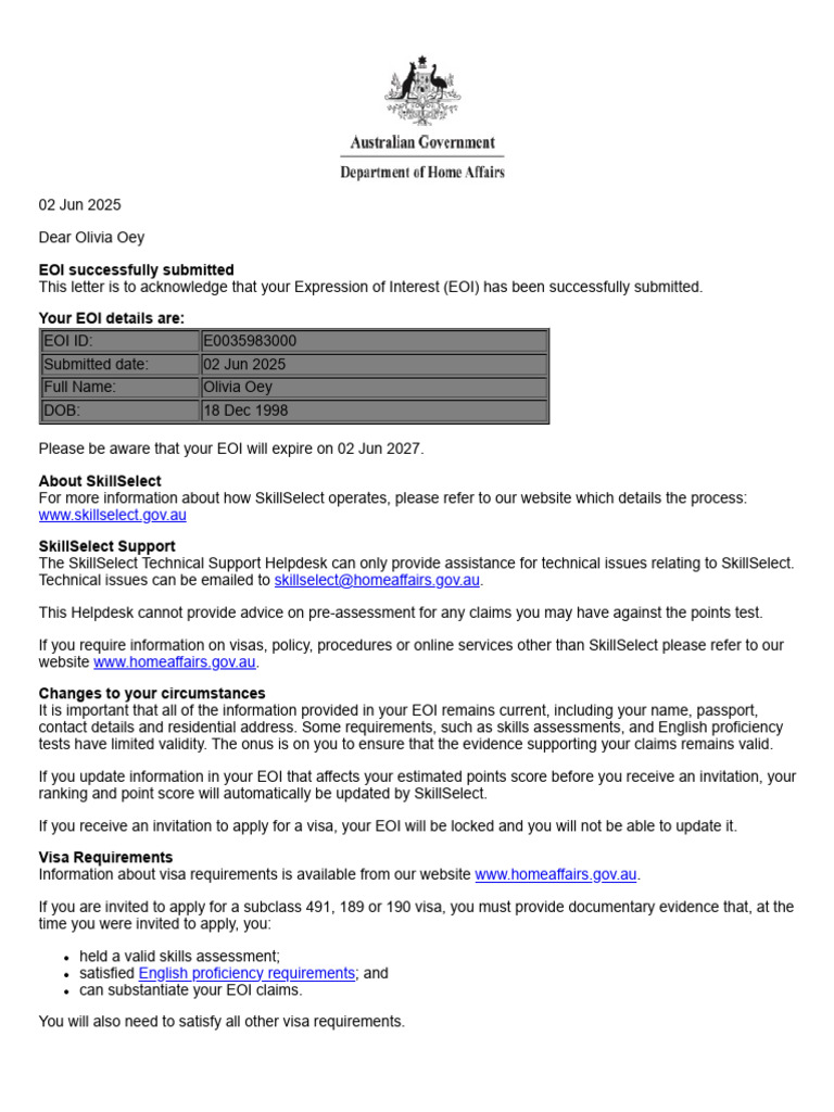 EOI Successfully Submitted Your EOI Details Are:: WWW - Skillselect.gov ...