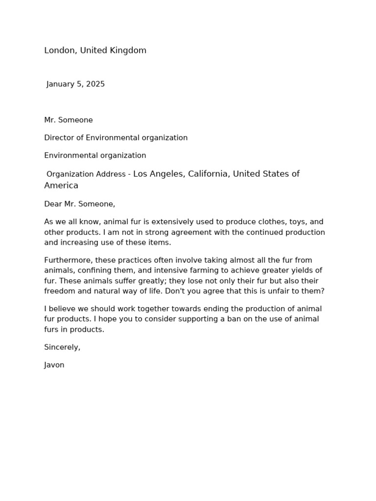 EFL (Letter Writing of Banning Animal Fur Products) | PDF