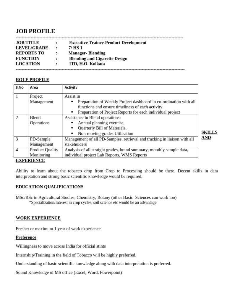 JD - Executive Trainee - Product Development | PDF