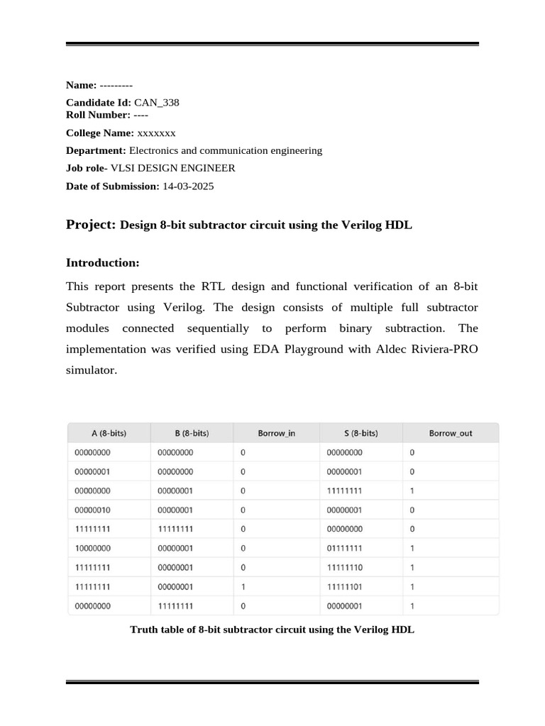 Vtu Vlsi Project 10 Report | PDF | Subtraction | Hardware Description Language