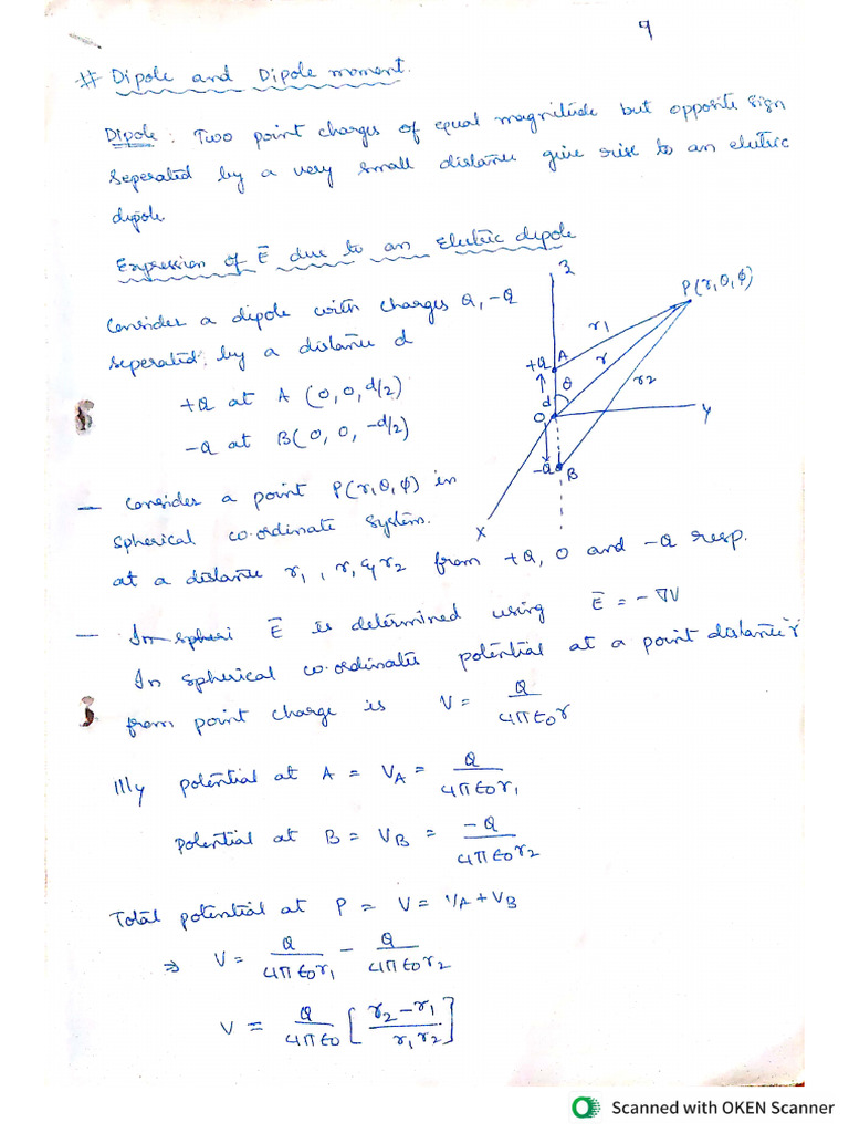 Electric Dipole and V, E Due To Dipole and Its Applications | PDF