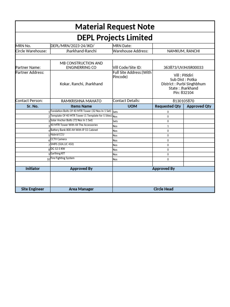 MRN For Tower Material, Pitidiri | PDF