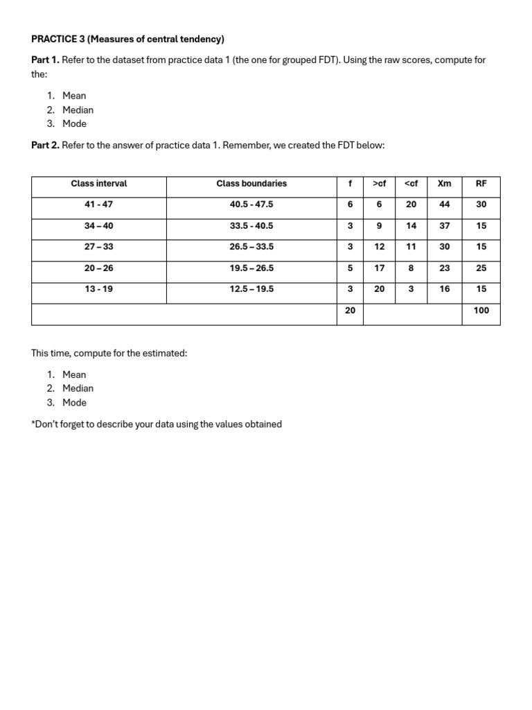 Practice 3 Measures of Central Tendency | PDF | Mode (Statistics ...