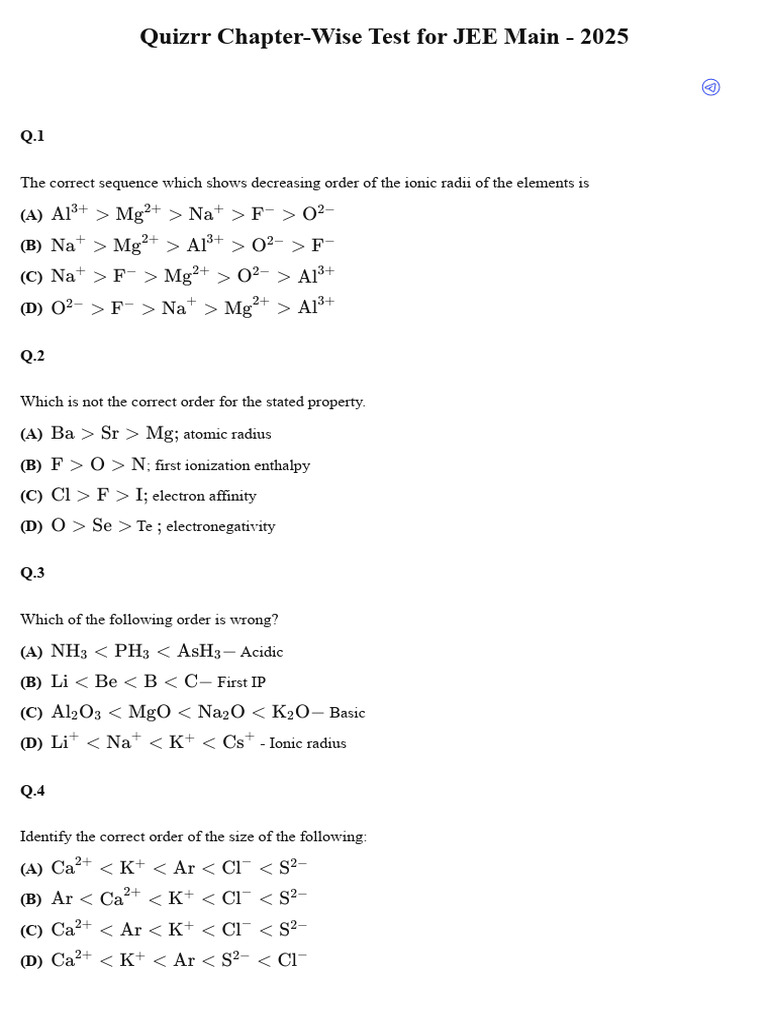 Classification of Elements and Periodicity in Properties - Test 1 | PDF ...