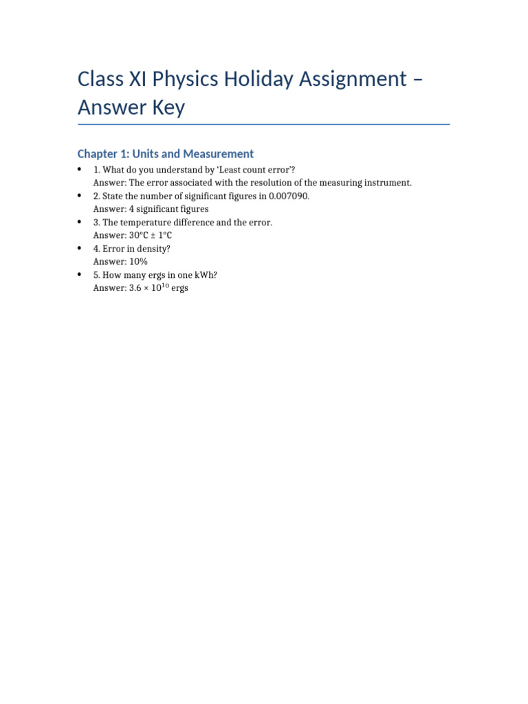 Class XI Physics Assignment Answers | PDF