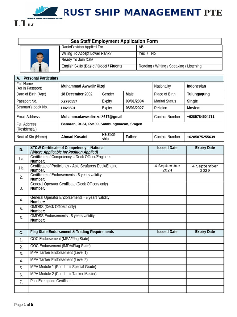 TSM Application Form Muhammad Awwalir Rizqi | PDF | Shipping | Water Transport