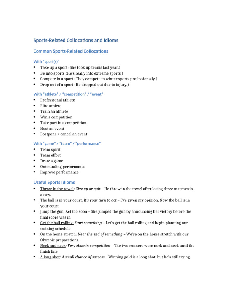 Sports Collocations and Idioms Cheat Sheet | PDF
