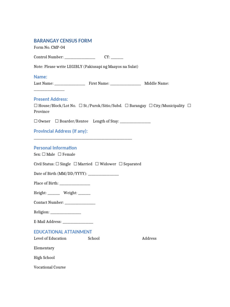 Barangay Census Form CMP-04 2024 | PDF