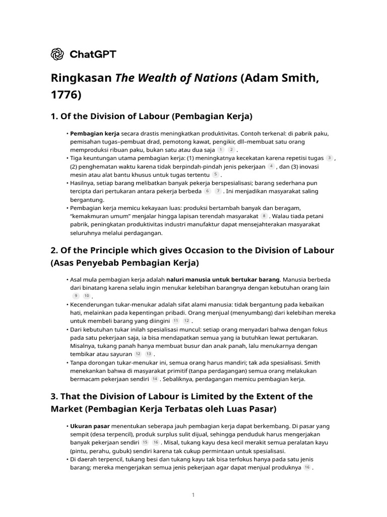 Ringkasan - The Wealth of Nations - (Adam Smith, 1776) | PDF