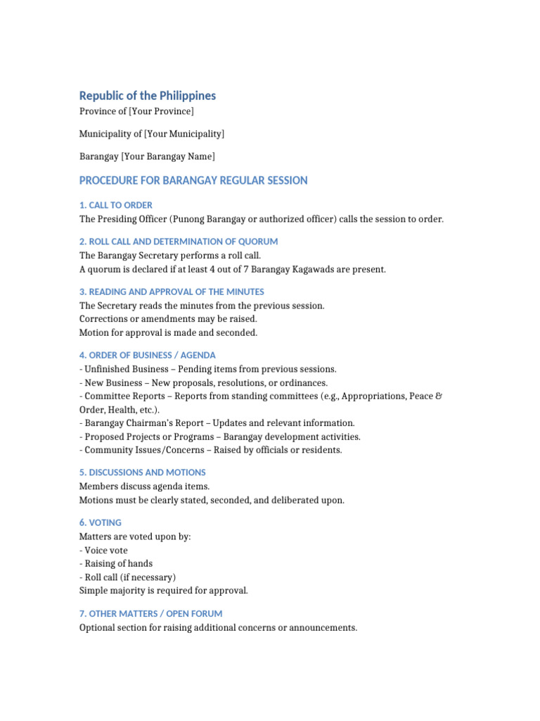 Barangay Regular Session Procedure | PDF