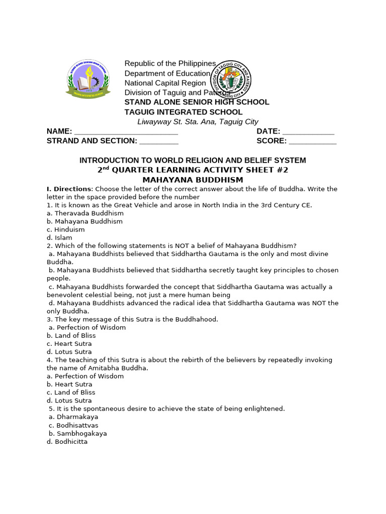 2nd Quarter Intro To World Religion - Learning Activity Sheet #2 | PDF