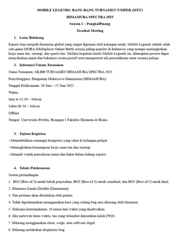 Tecnikal Meeting MLBB Himamuba Spectra 2025 | PDF