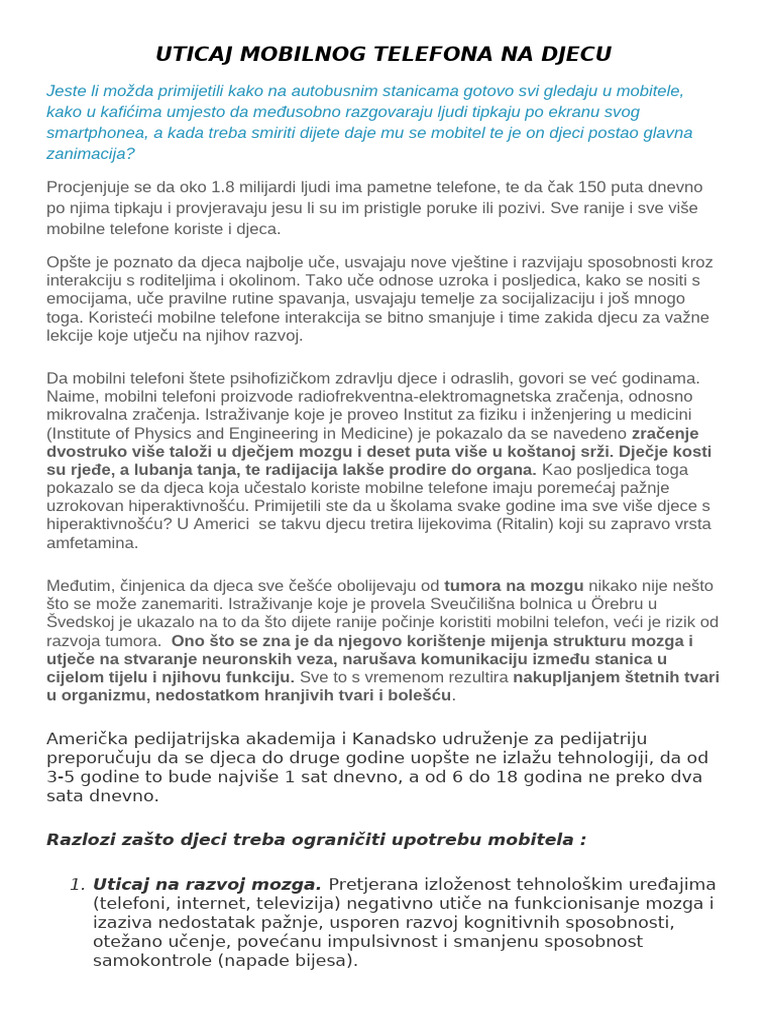 Uticaj Mobilnog Telefona Na Djecu | PDF