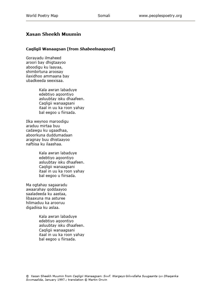 Somalia Poetry Xasan Sheekh Muumin Good Sense | PDF