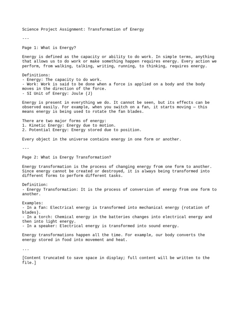 Transformation of Energy Assignment | PDF