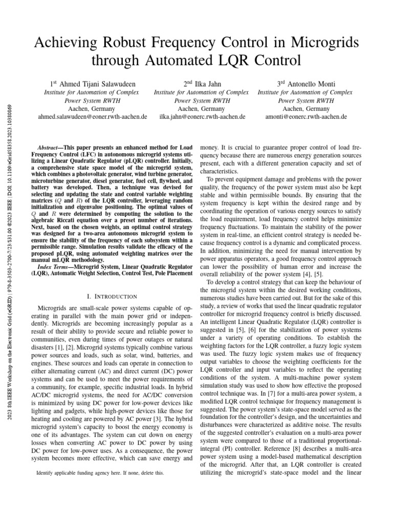 Achieving Robust Frequency Control in Microgrids Through Automated LQR Control | PDF | Control ...