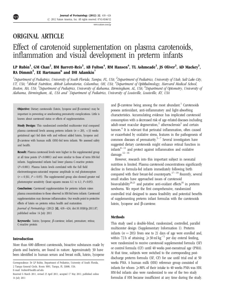 Carotenoid Impact on Preterm Infants | PDF | Preterm Birth | Carotenoid