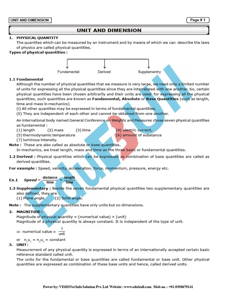 01 Unit and Dimension Notes | PDF | Observational Error | Mass