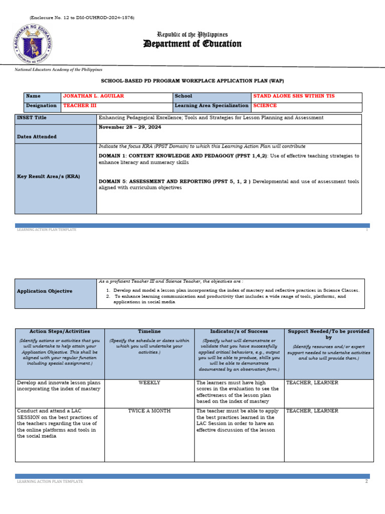 Enclosure No. 12 PD Program Workplace Application Plan JLA | PDF ...