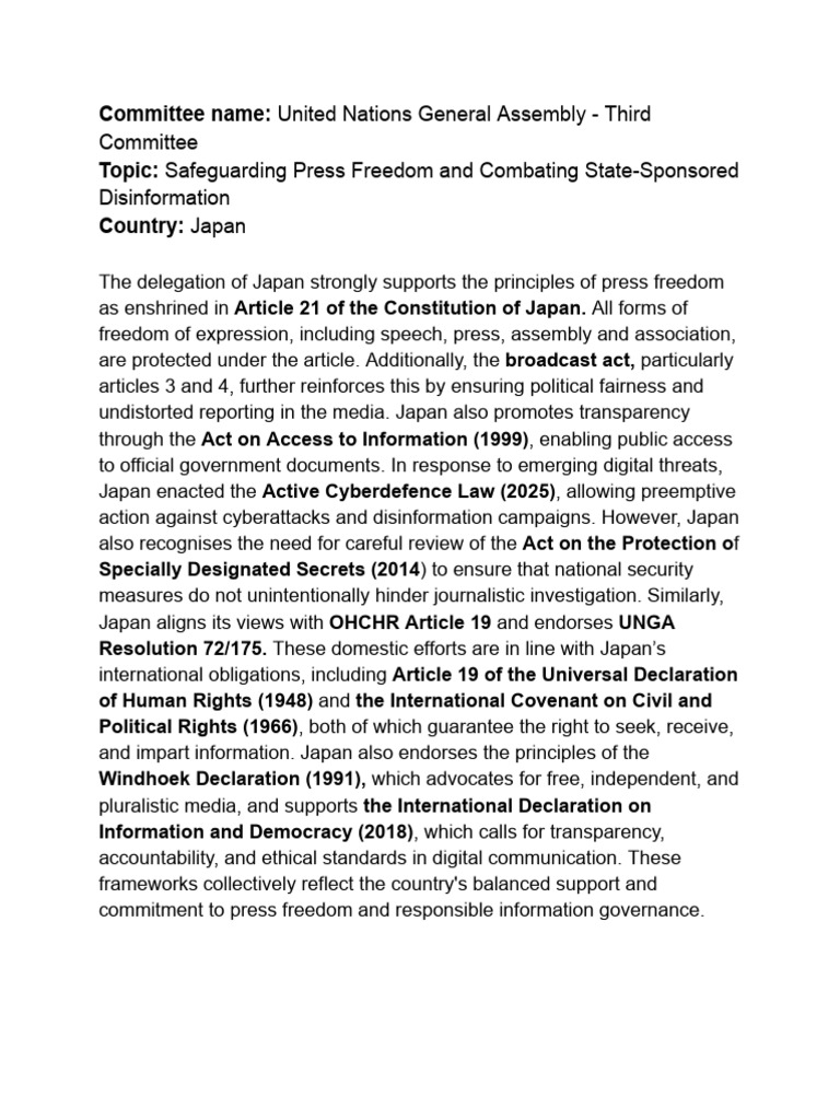UNGA Position Paper-Japan | PDF | Freedom Of The Press | Democracy