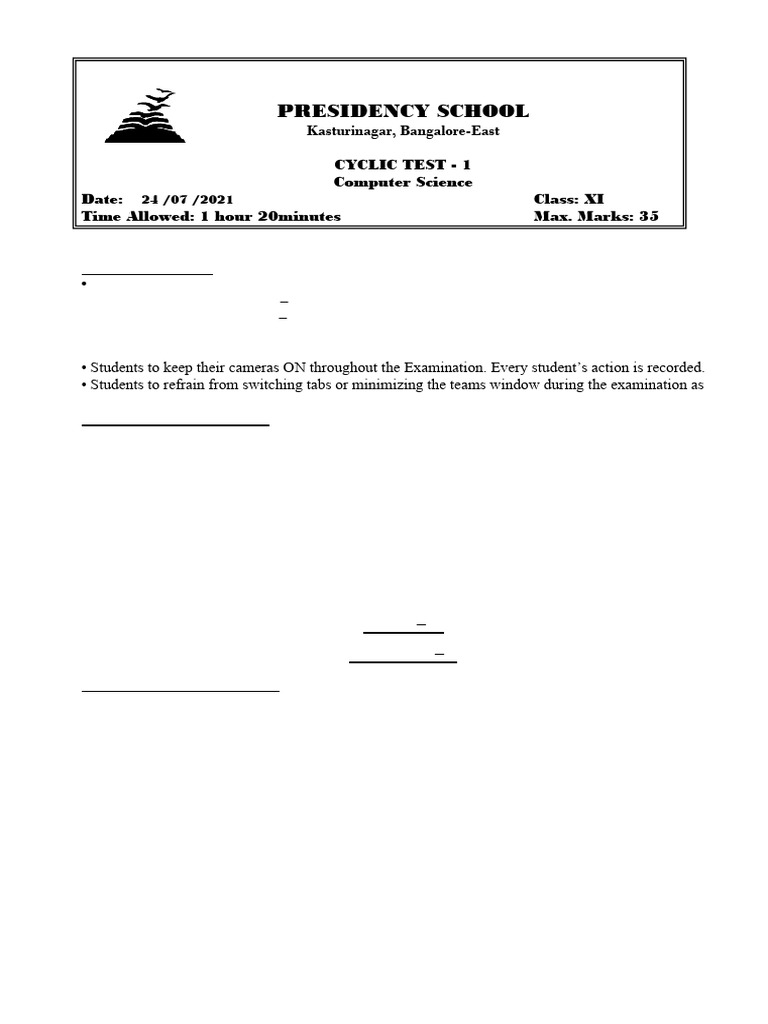 Grade 11-Computer Science - Cyclic Test - 1 Question Paper | PDF ...