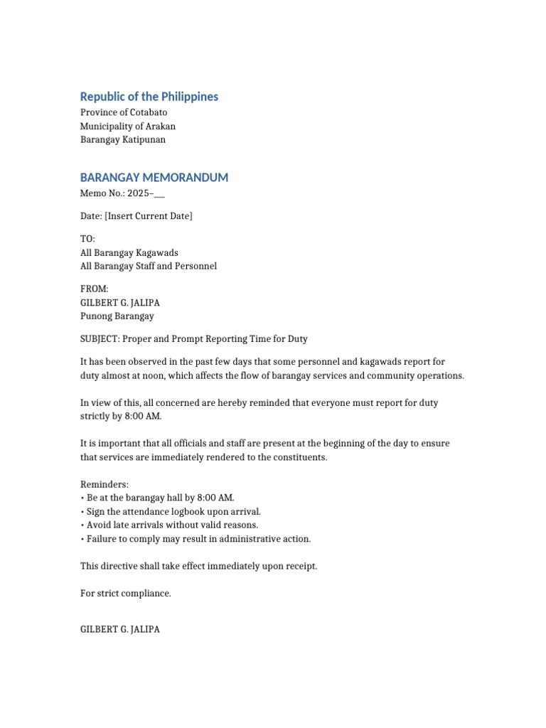 Barangay Memo Duty English | PDF