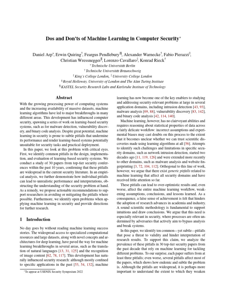 Dos and Don'ts of Machine Learning in Computer Security | PDF | Receiver Operating ...