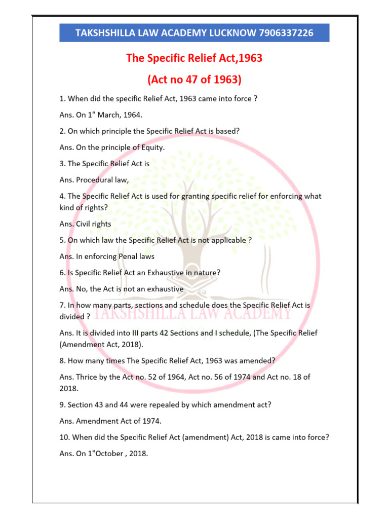 The Specific Relief Act, 1963 (Act No 47 of 1963) : Takshshilla Law Academy Lucknow 7906337226 ...