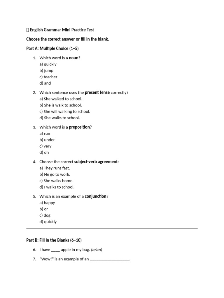 ? English Grammar Mini Practice Test | PDF