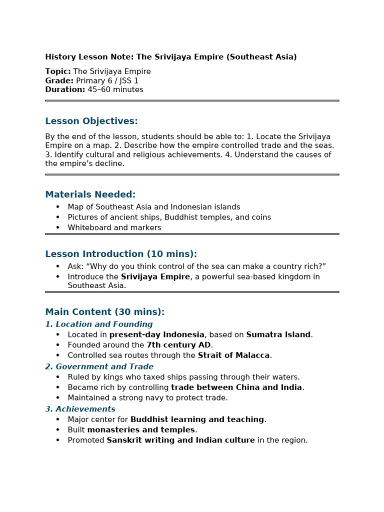Srivijaya Empire Lesson | PDF
